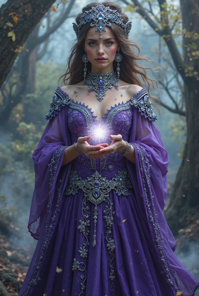 A powerful seer woman in a richly decorated purple gown, adorned with ...