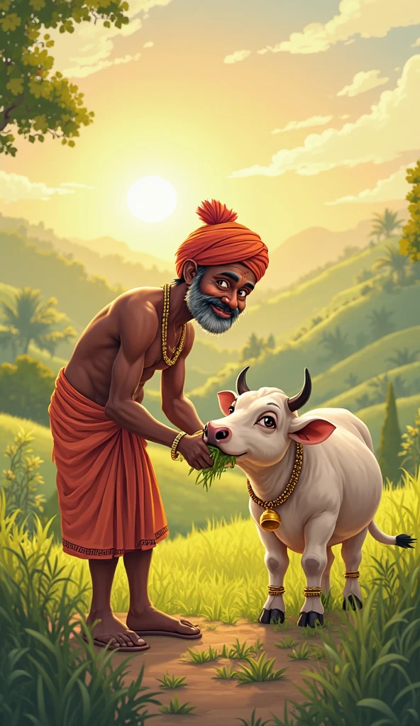 A cute Indian cartoon-style farmer in dhoti and turban, smiling warmly ...