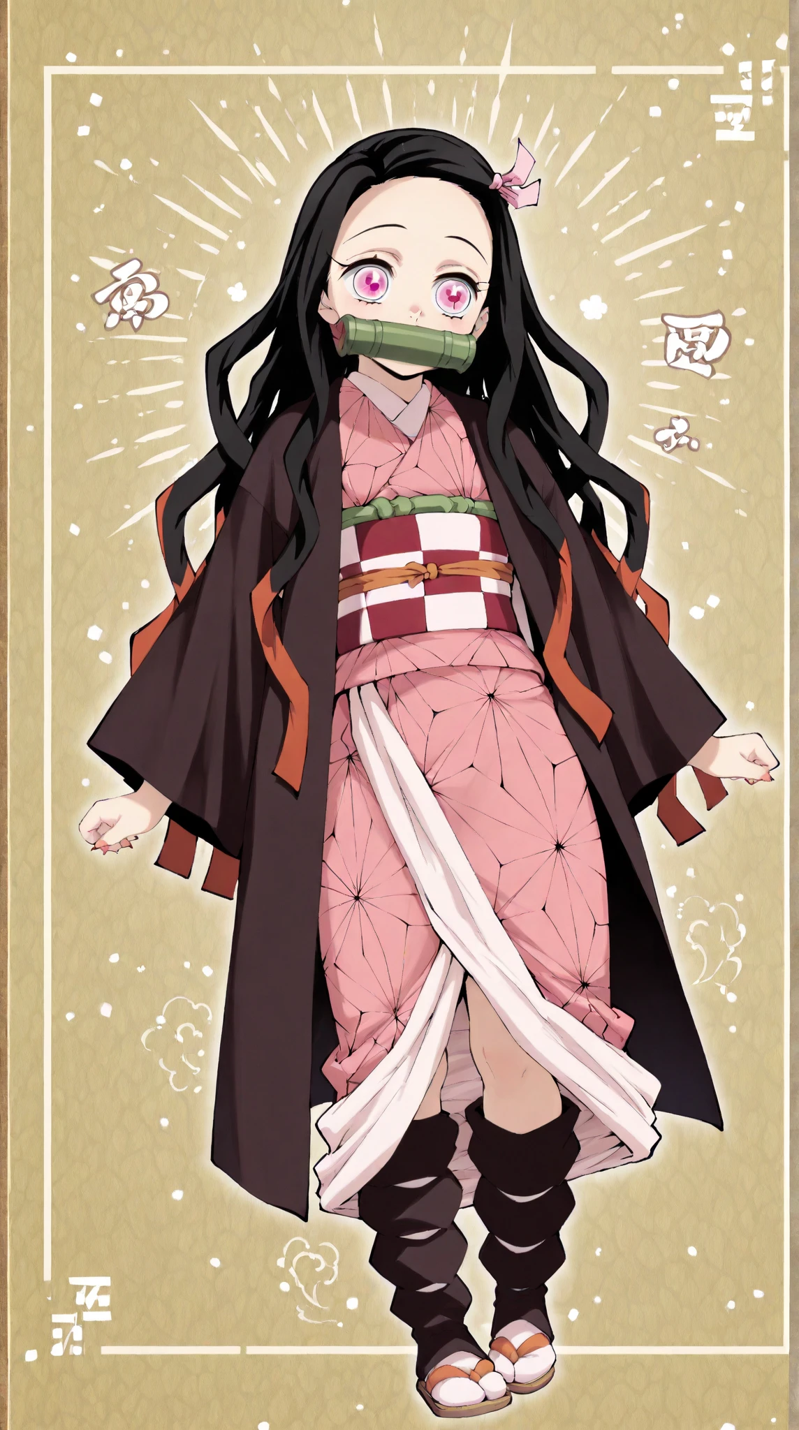 (kamado nezuko, black hair, pink eyes,magenta pupils, pink hair ribbon ...