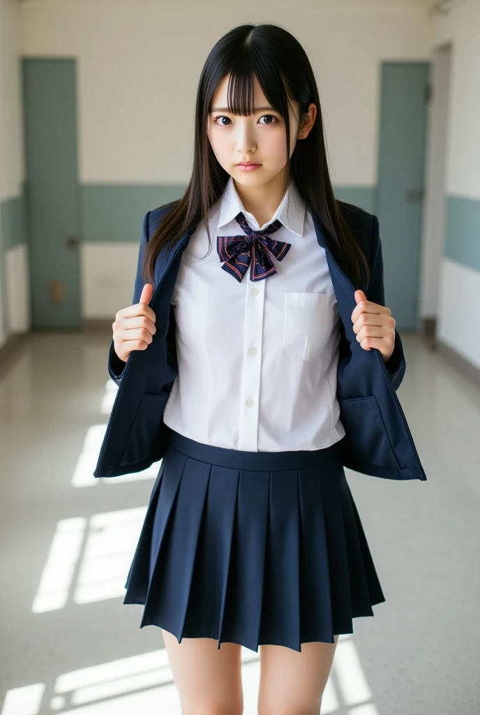 A high school girl in a fitted school uniform blazer and pleated skirt ...