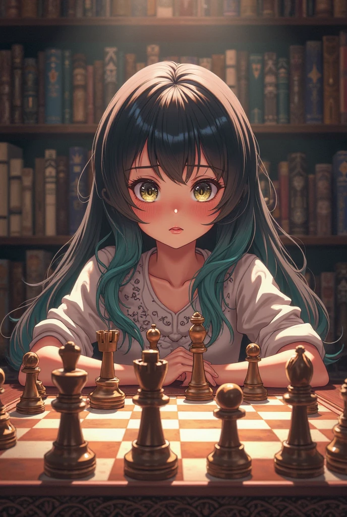 Give me a character female anime, She trying to win chess game - SeaArt AI