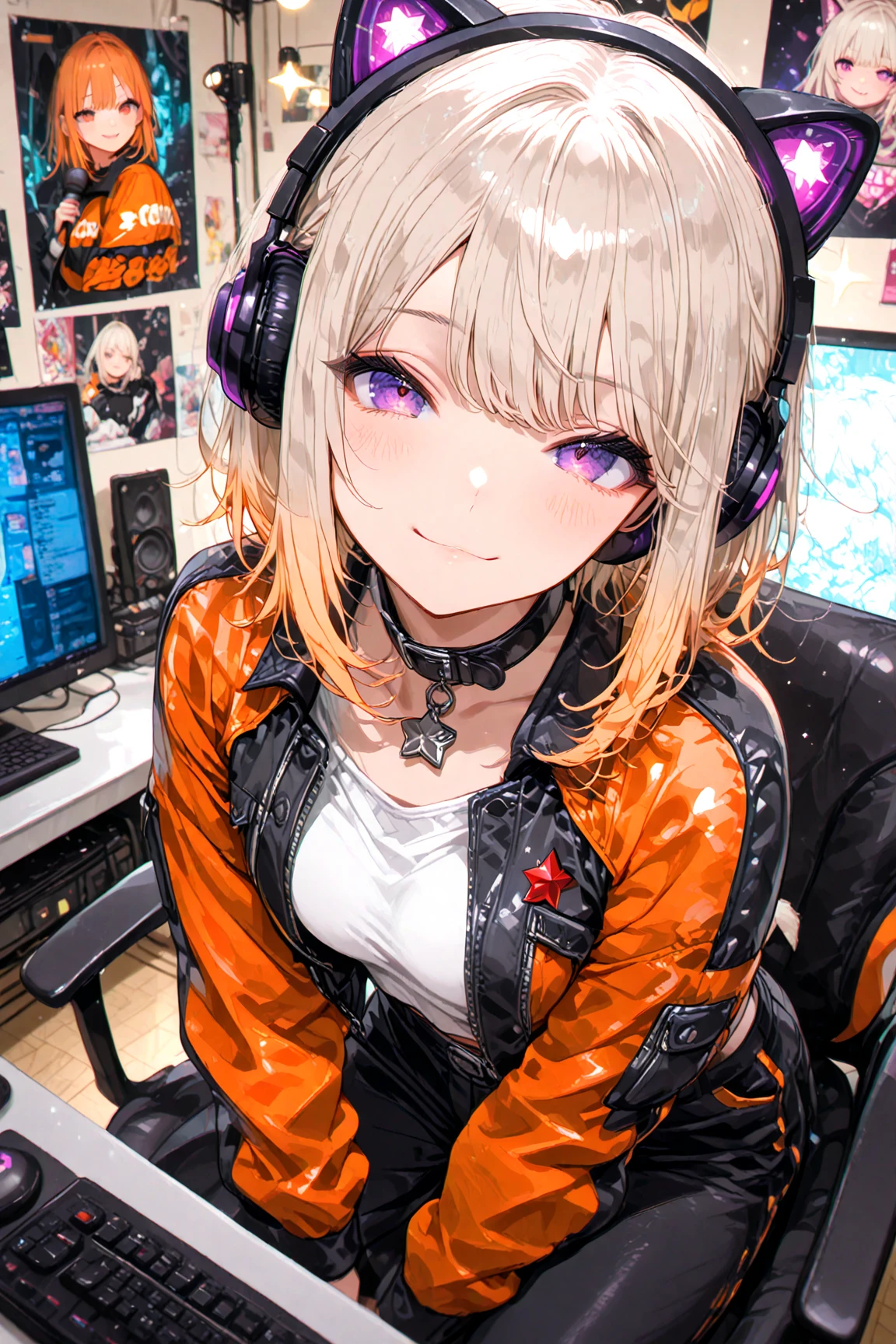 Anime-style VTuber, soft platinum blonde hair with pale yellow gradient ...