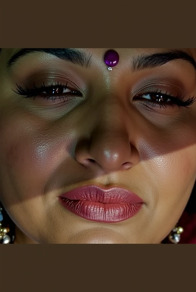 Extreme close-up portrait of a South Asian woman taken from a slightly ...