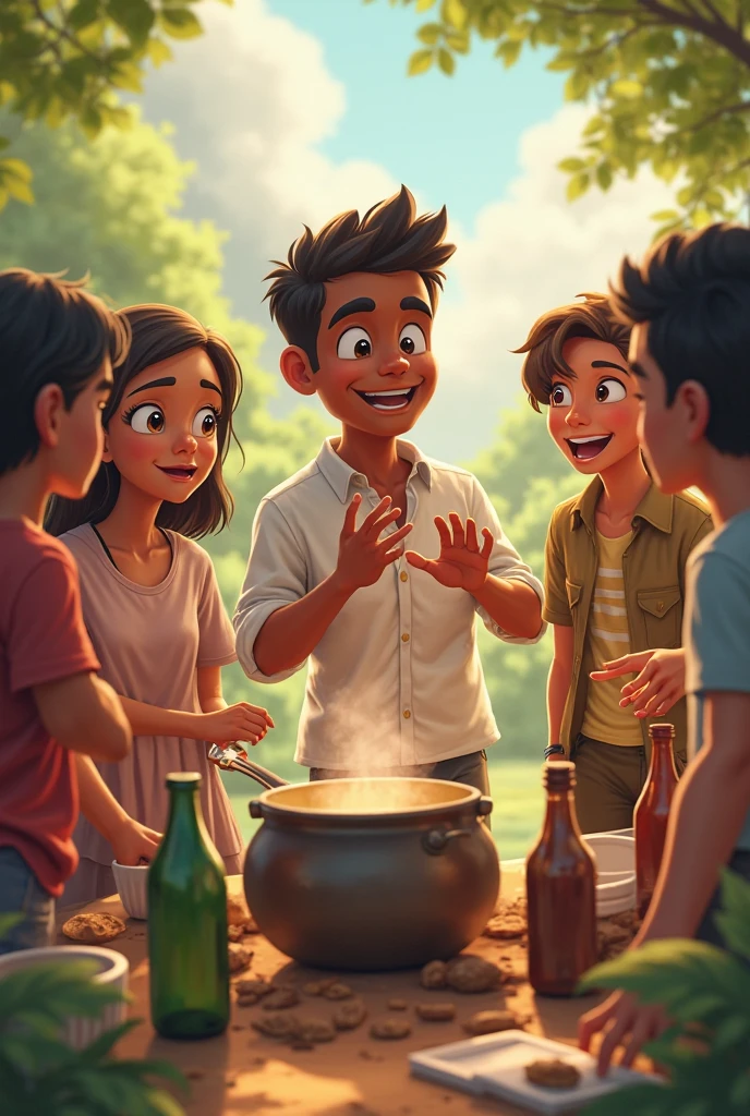 Ali standing outside with his friends, pointing to a pot boiling on a ...