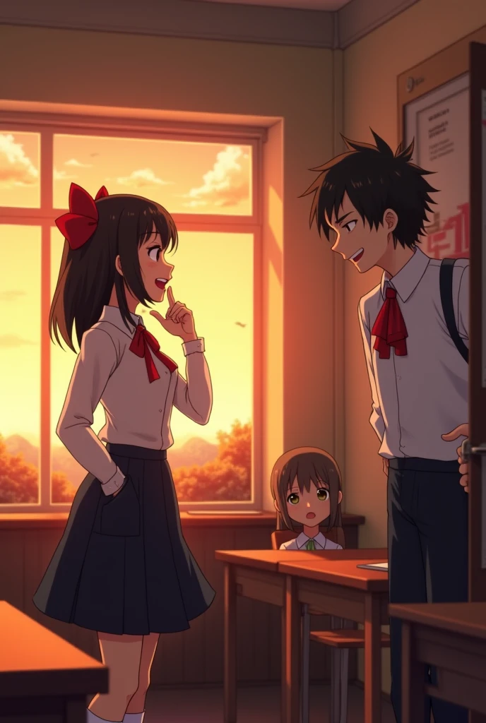 “Anime-style classroom at sunset with golden-orange light through the ...