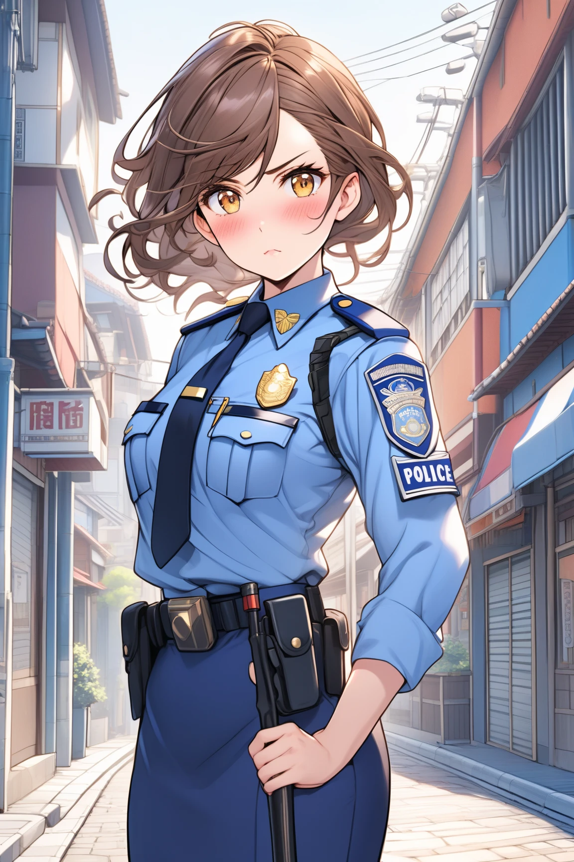 A cute anime-style female police officer standing confidently in the ...
