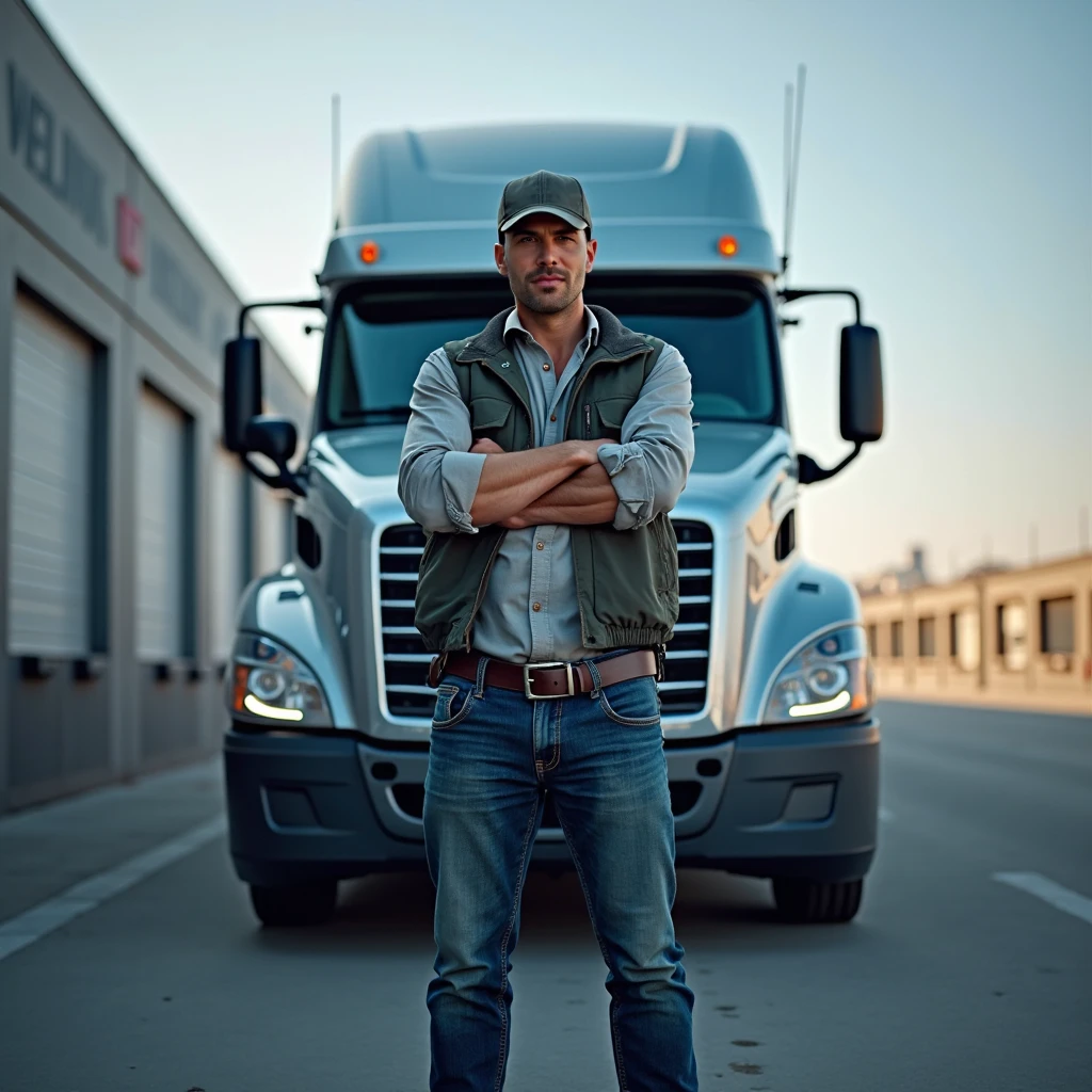 Create a striking, realistic image of a confident truck driver standing ...