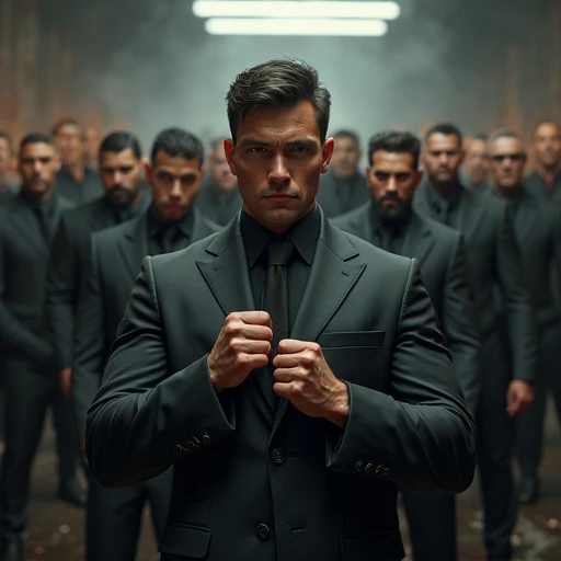 A powerful group of tough, muscular men in black suits, standing ...