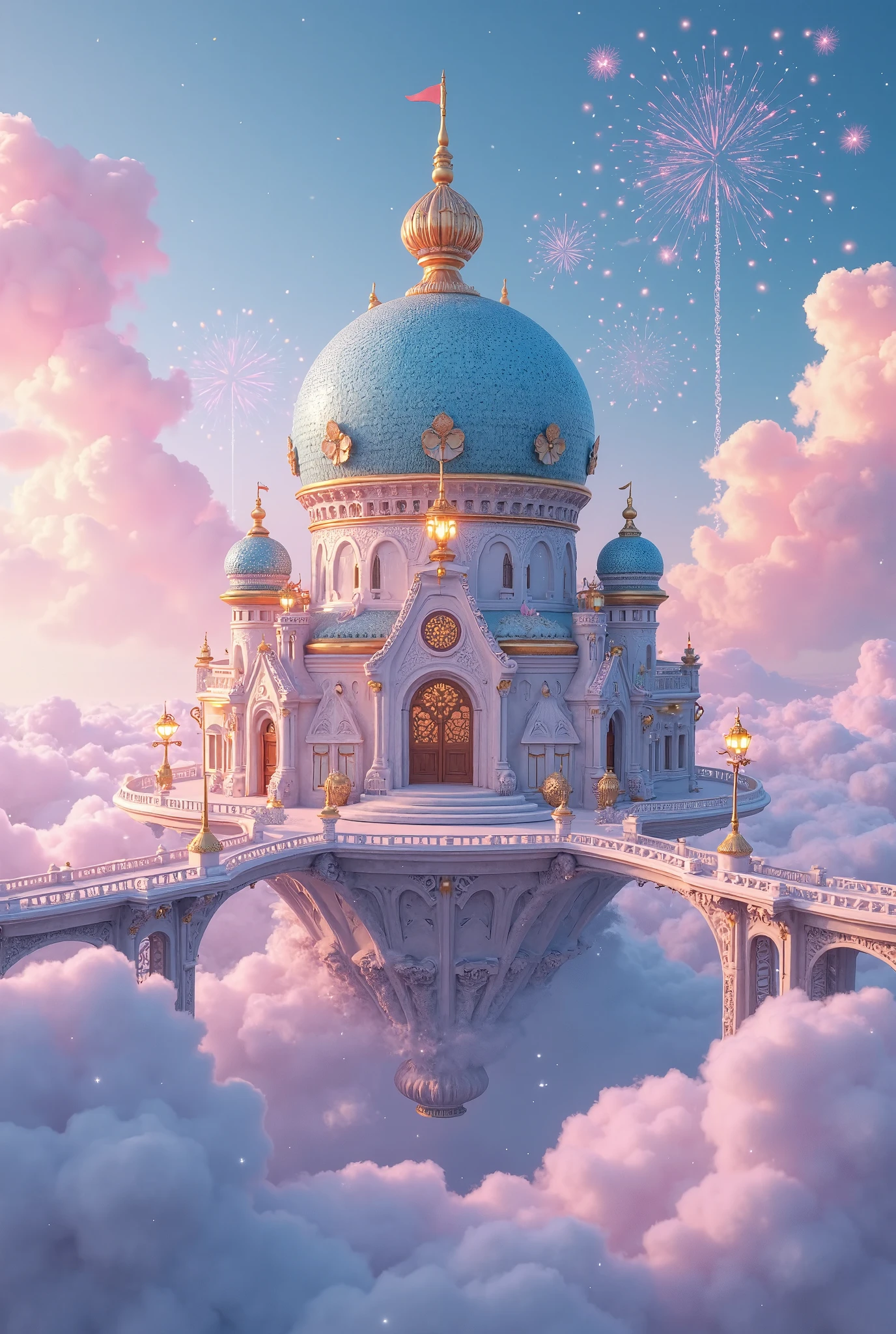 A magical, fairytale palace floating among soft clouds, inspired by ...