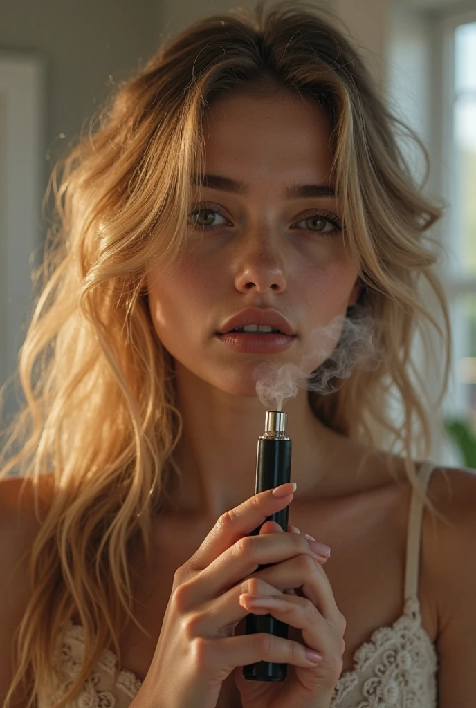 Create an image of a blonde woman smoking vap - SeaArt AI