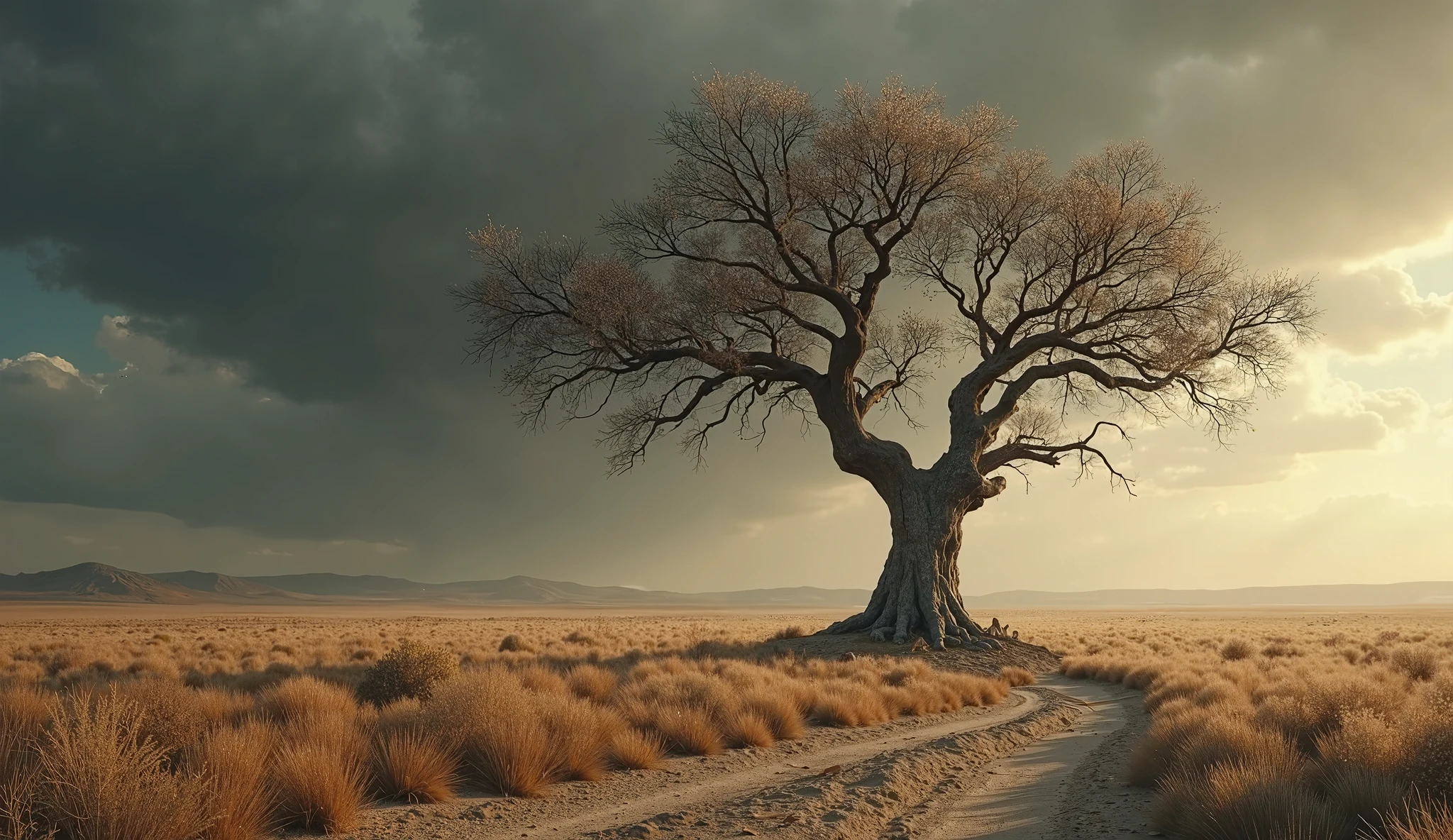 “Lone tree standing on a dry golden-brown field, winding dirt path ...