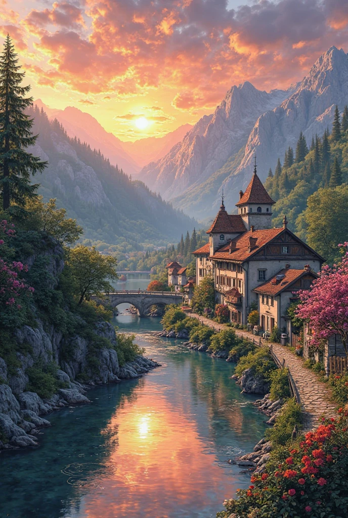 A small village by the river, mountains in the background, floral ...