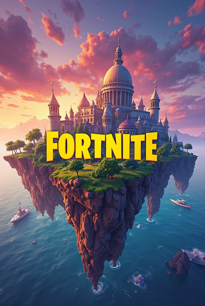 Yellow Fortnite logo with Fortnite Island behind profile photo - SeaArt AI