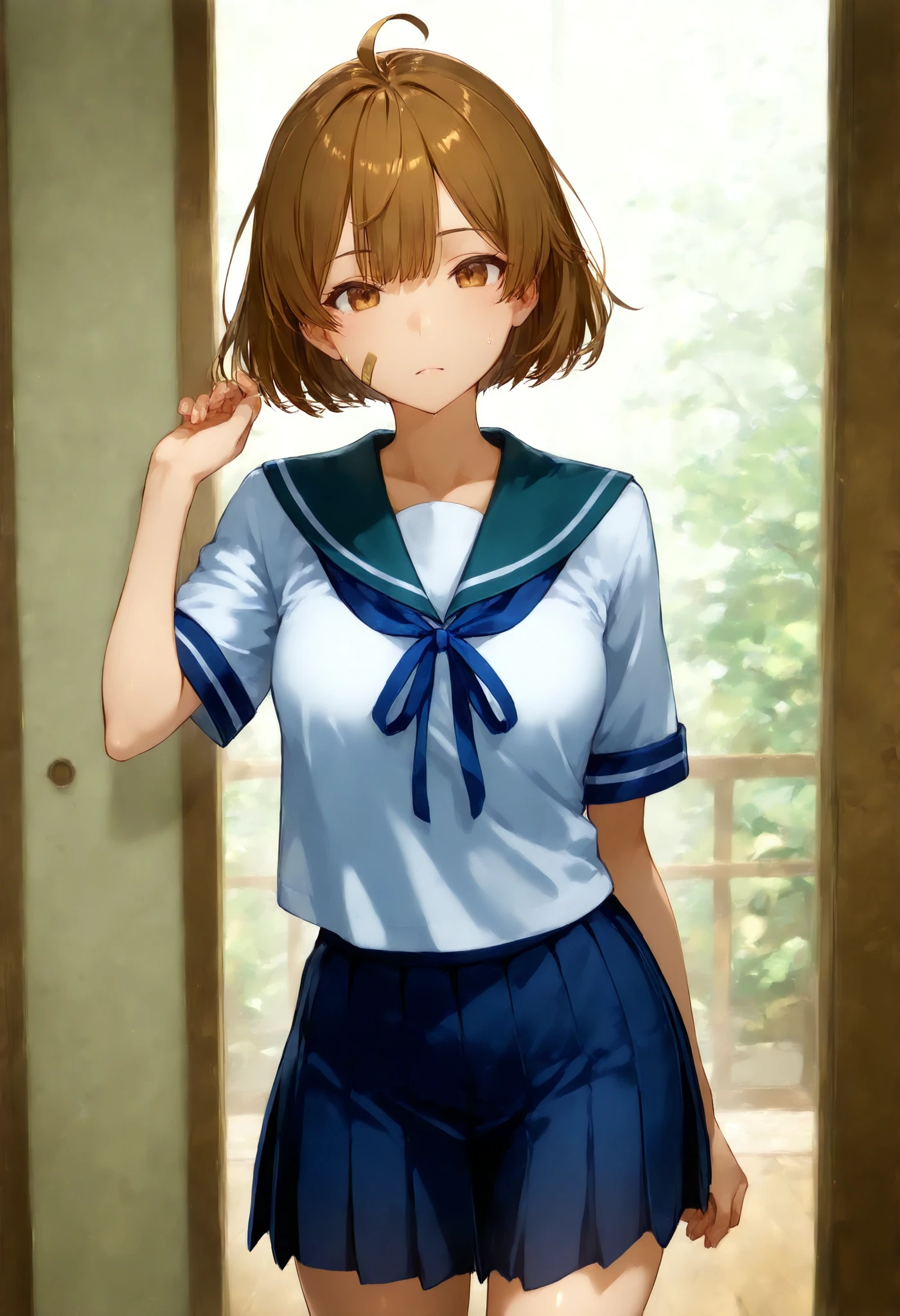 OboroKC,ahoge,brown hair,brown eyes, short hair, pleated skirt - SeaArt AI