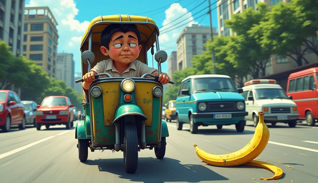 Anime-style Filipino tricycle driver moving in slow motion, sleepy ...