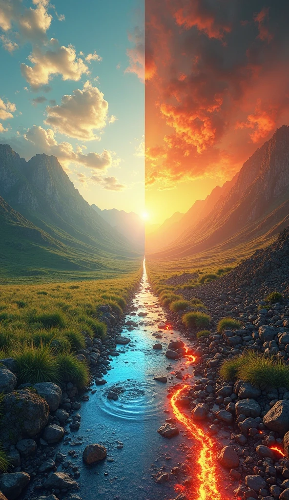 A surreal fantasy background split into two sides: the left side is a ...