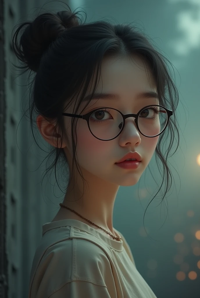 A light dusky coloured girl wearing eyeglasses and nerdy hairs tied ...