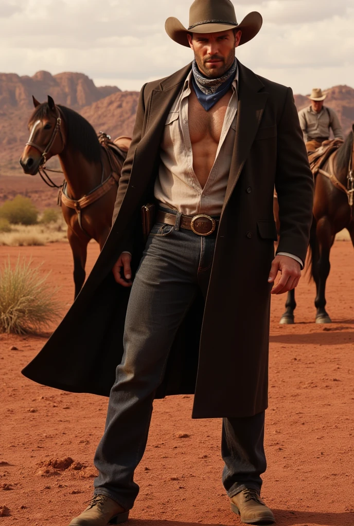 A very handsome big muscular man wearing a cowboy hat, dark duster coat ...