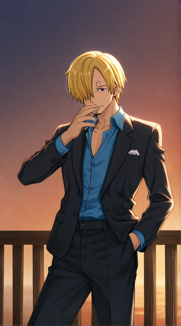 2D anime style, Sanji from One Piece after the time skip, leaning ...