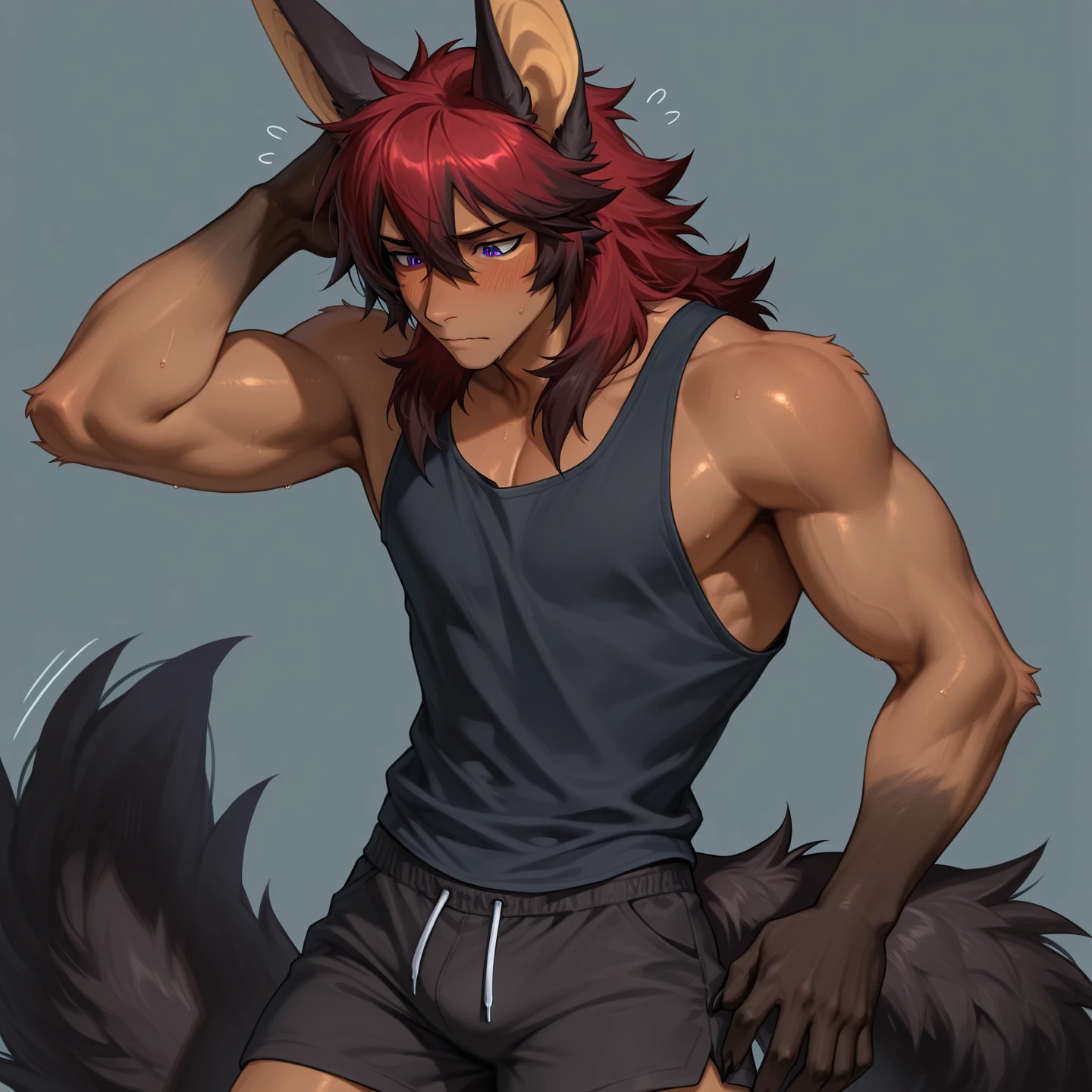 ( jackal boy , solo portrait , toned, , very strong , medium hair ...