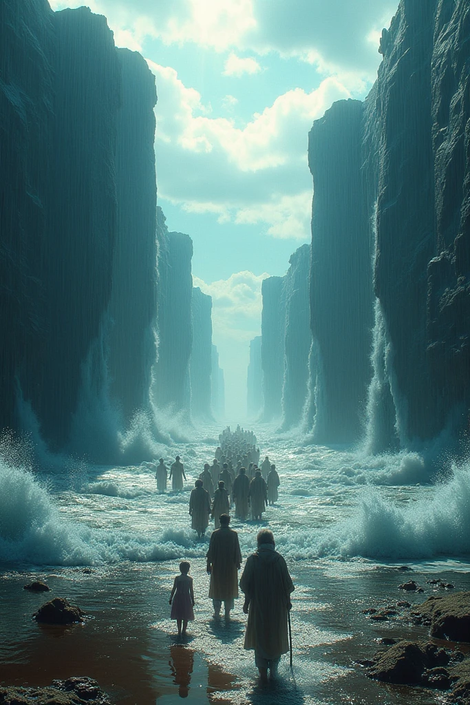 The sea splitting in two, with walls of water on the sides. Crowds ...