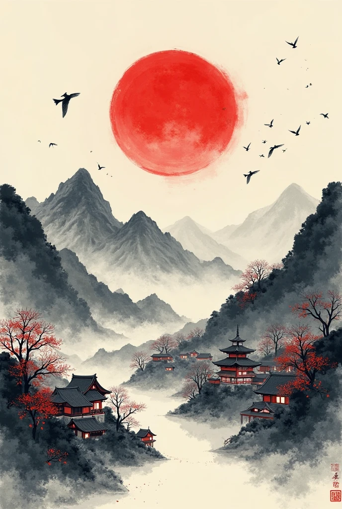 A traditional Japanese ink painting (sumi-e) style artwork. Landscape ...