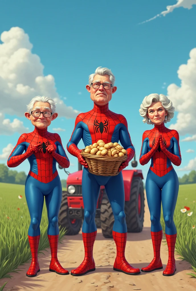 "A surreal and humorous scene of three people dressed in Spider - SeaArt AI