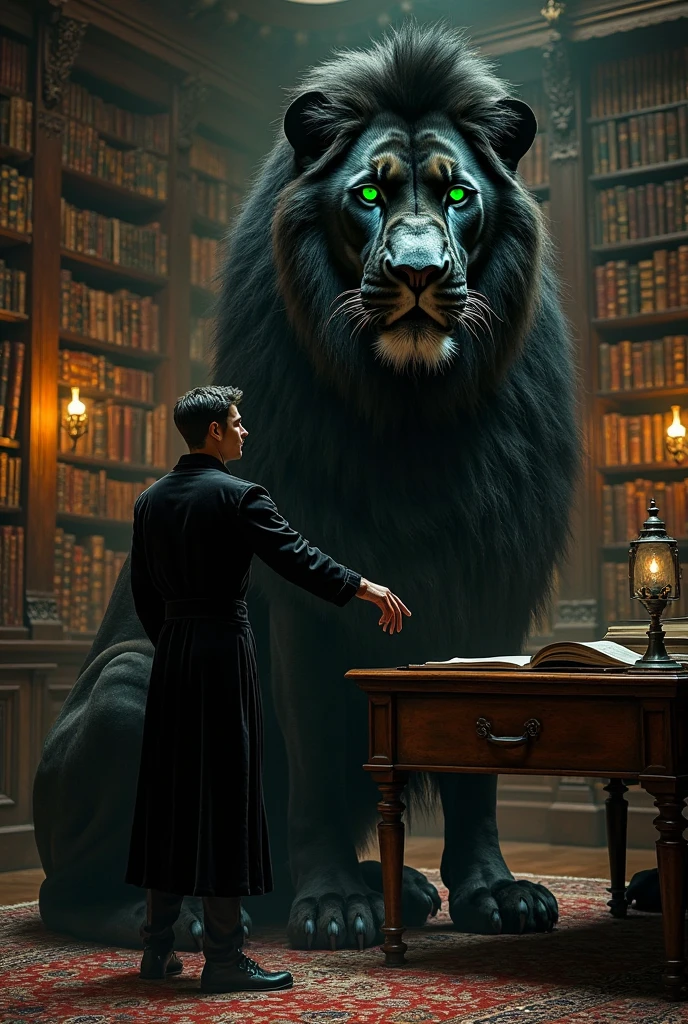 A towering, jet-black lion with the sleek, panther-like sheen of ...