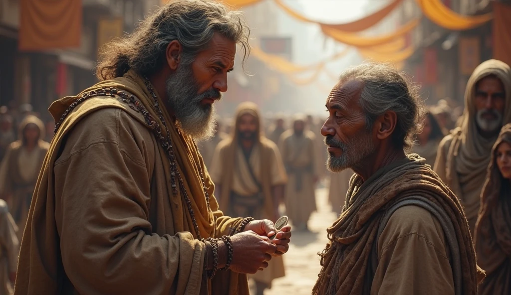 "A worn-down man with noble features quietly giving a coin to a beggar ...