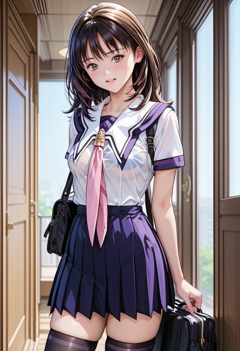 高解像度、傑作、アシヅキイオリ ,1 女の子,Alone, 女の子、 黒髪,寝室の茶色の目,embarrassed expression of ...