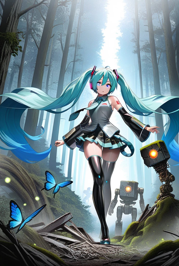 Broken robot in the moss-covered forest