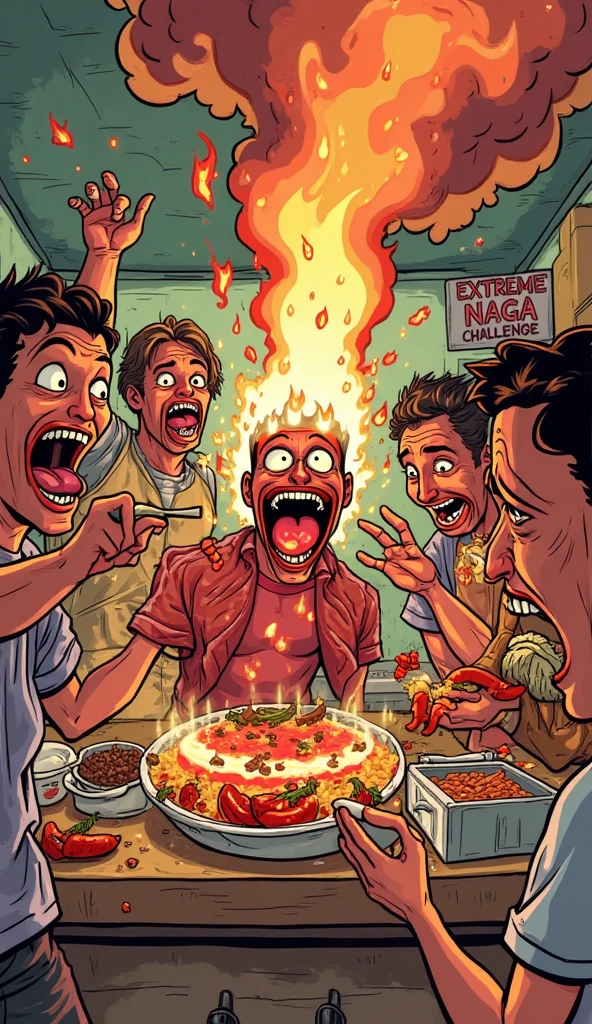 A wild cartoon-style scene featuring a group of friends in total chaos ...