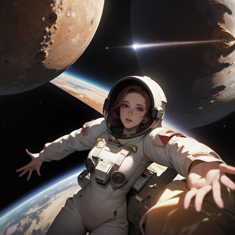 A close up of an astronaut with open arms looking intently at the spectator - SeaArt AI