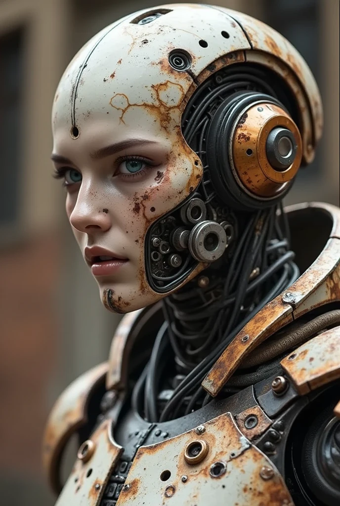 Battle-damaged bot, rugged beauty of mechanical life, detailed ...