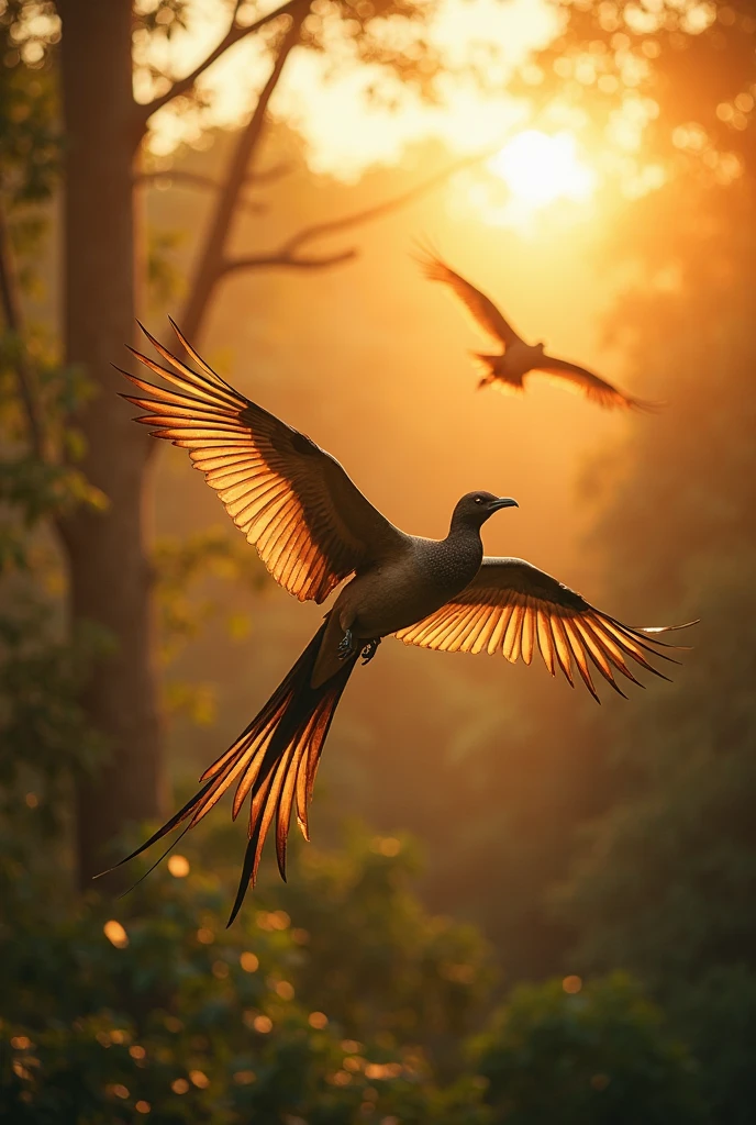 Majestic slow-motion footage of exotic birds flying over a golden ...