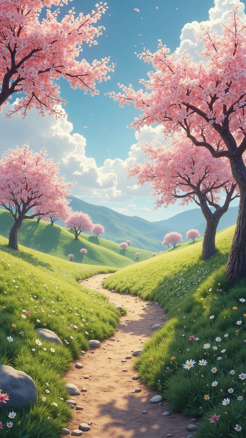 Winding earthen footpath meandering through gently rolling hills ...