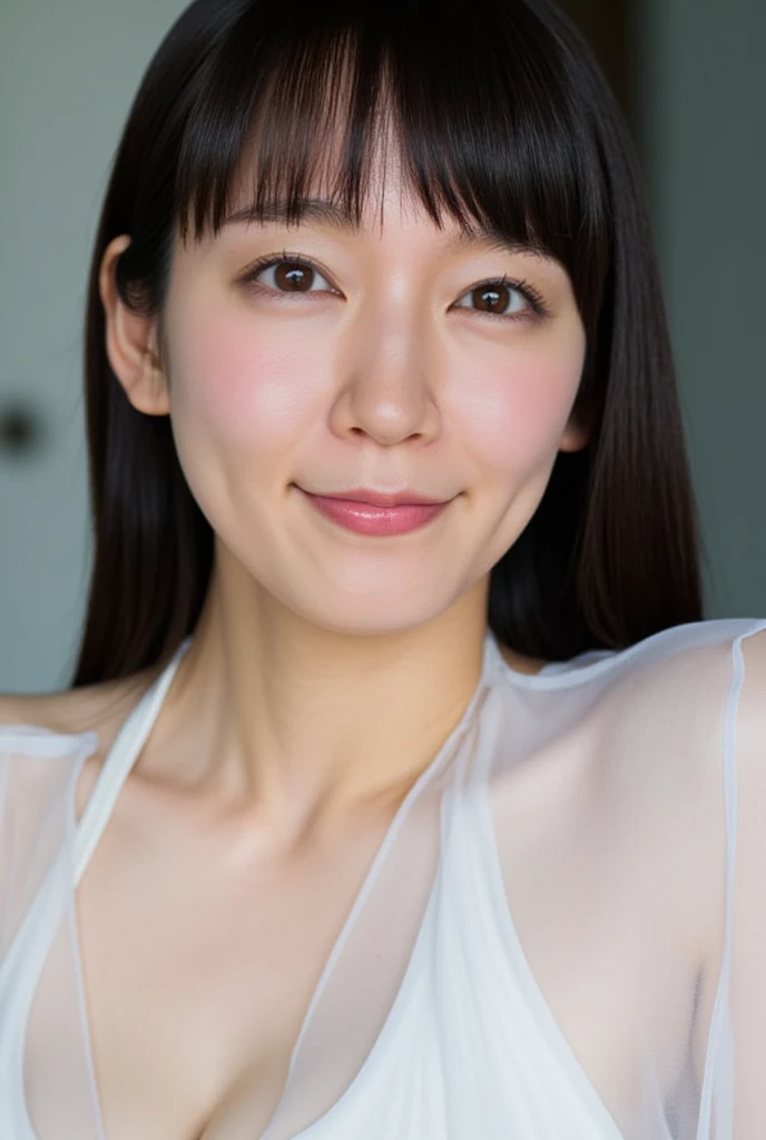 Face close-up, with long brown hair and bangs、Beautiful 21 year old woman - SeaArt AI