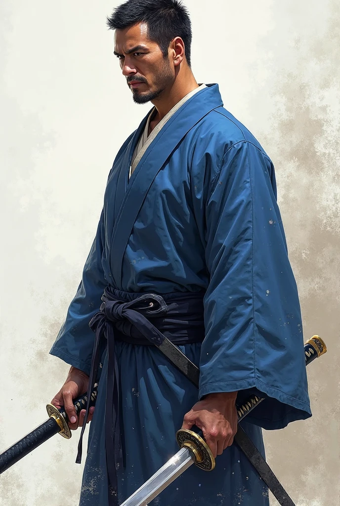 Man wearing a long blue haori ,with a katana in his hand and standing ...