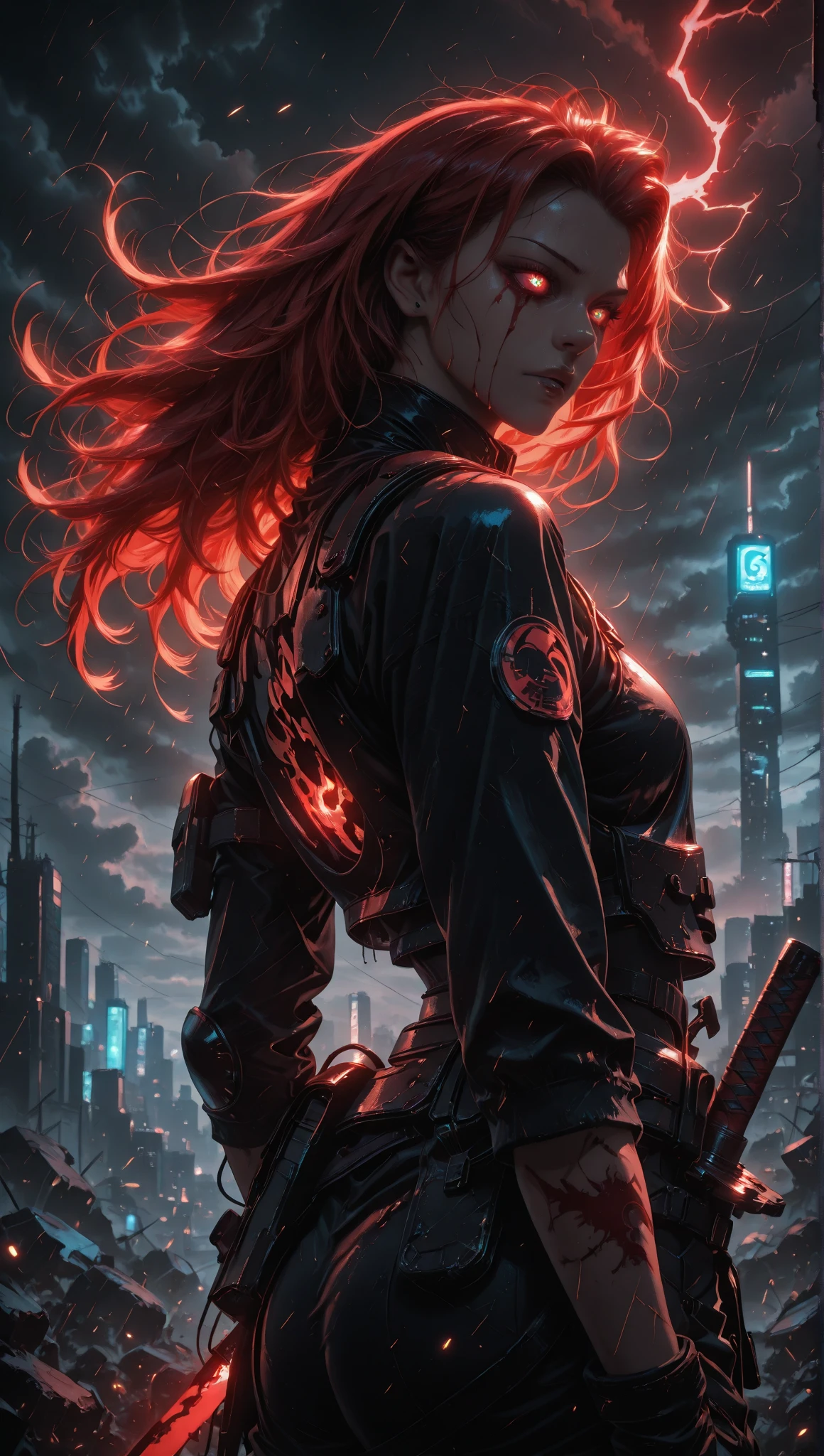 An epic scene in a cyberpunk setting: a huge mecha dragon hovers in the ...