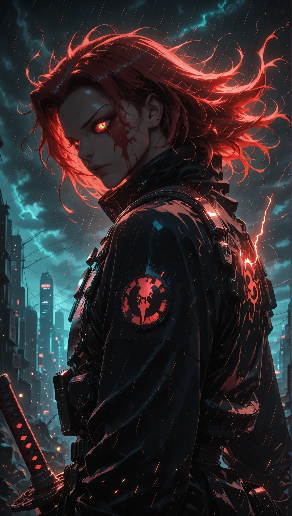 An epic scene in a cyberpunk setting: a huge mecha dragon hovers in the ...