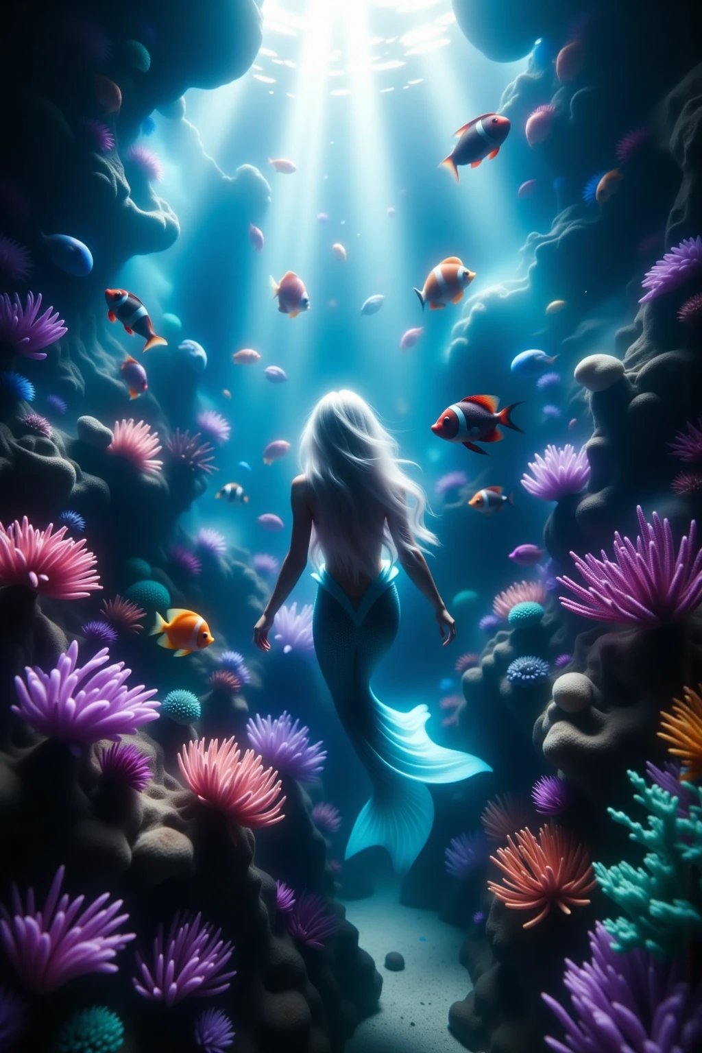 Underwater world, backlight, The Little Mermaid swims freely in a ...