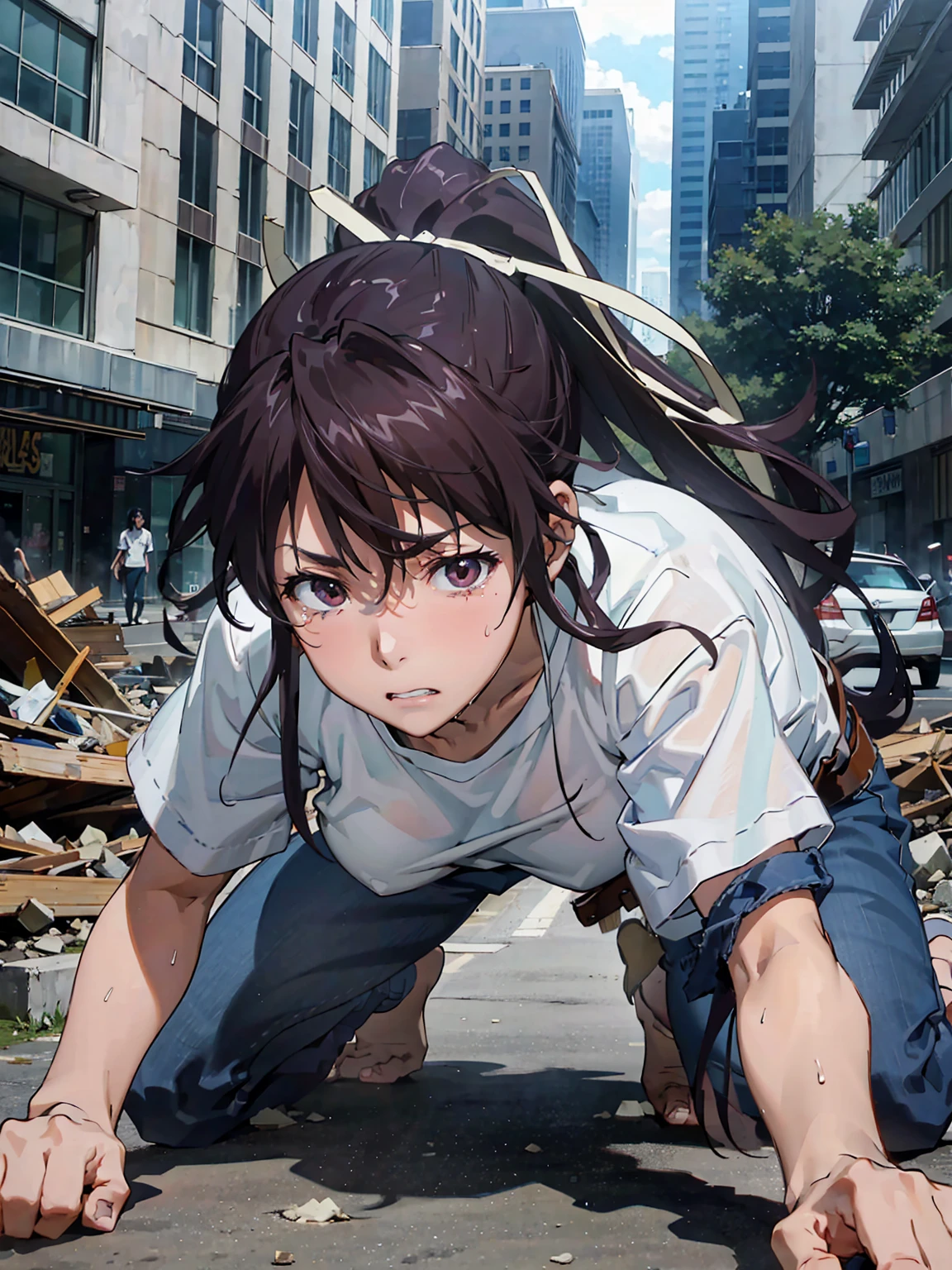 Kaori Kanzaki 、jeans、white t-shirt、long hair、One personで、ponytail ...