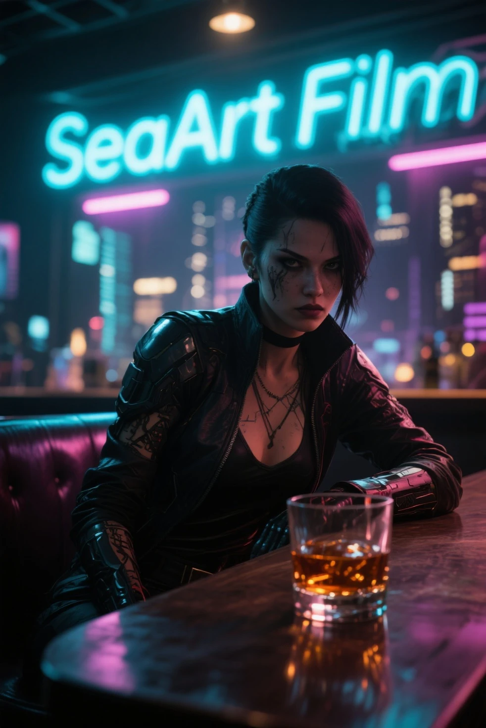 Cyberpunk female killer sitting alone in a bar，Strong neon backlighting ...