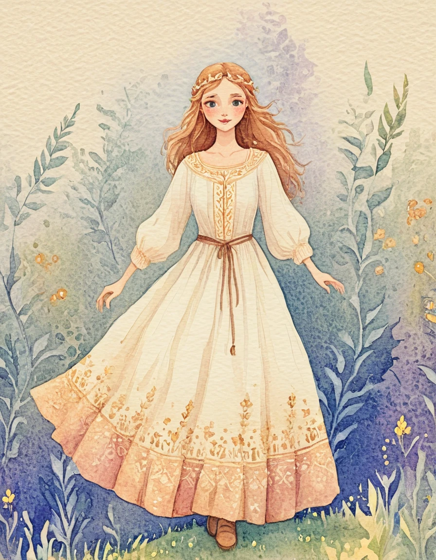 Novuschroma75 style watercolor of a white peasant medieval dress ...