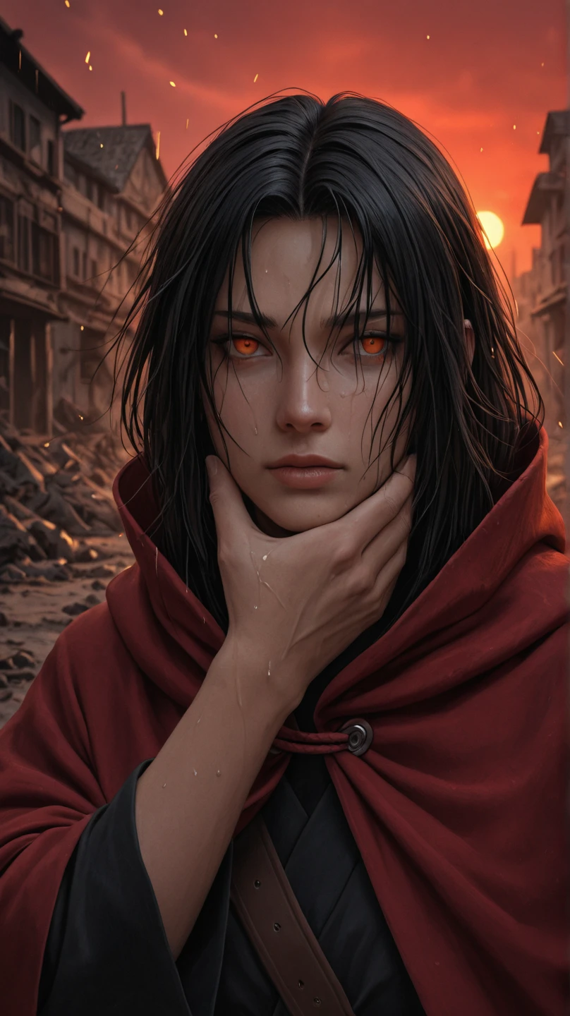 "Hyper-realistic cinematic anime-style half-body portrait of Itachi ...