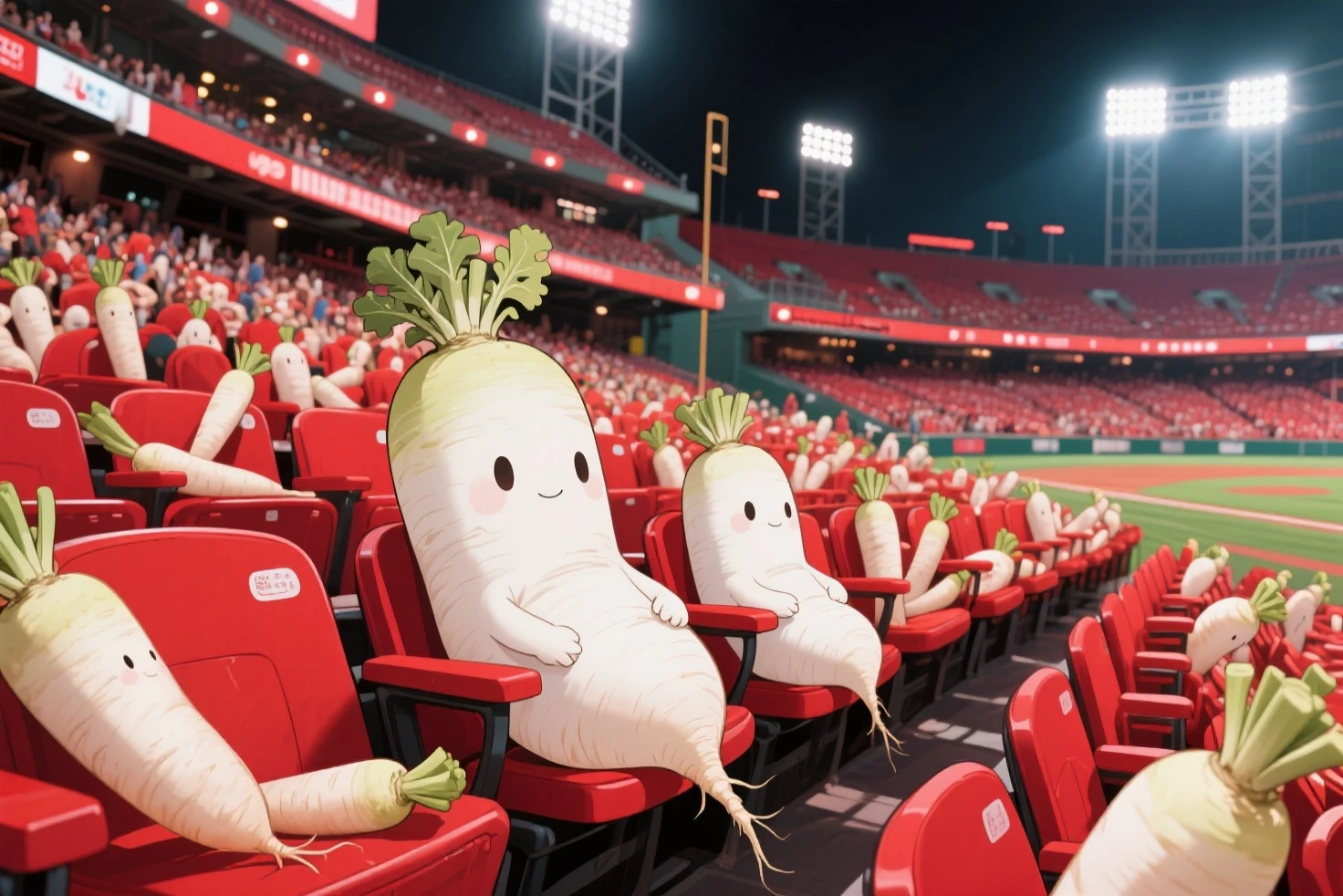 Anthropomorphized white radishes sit in the crowded seats of a baseball ...