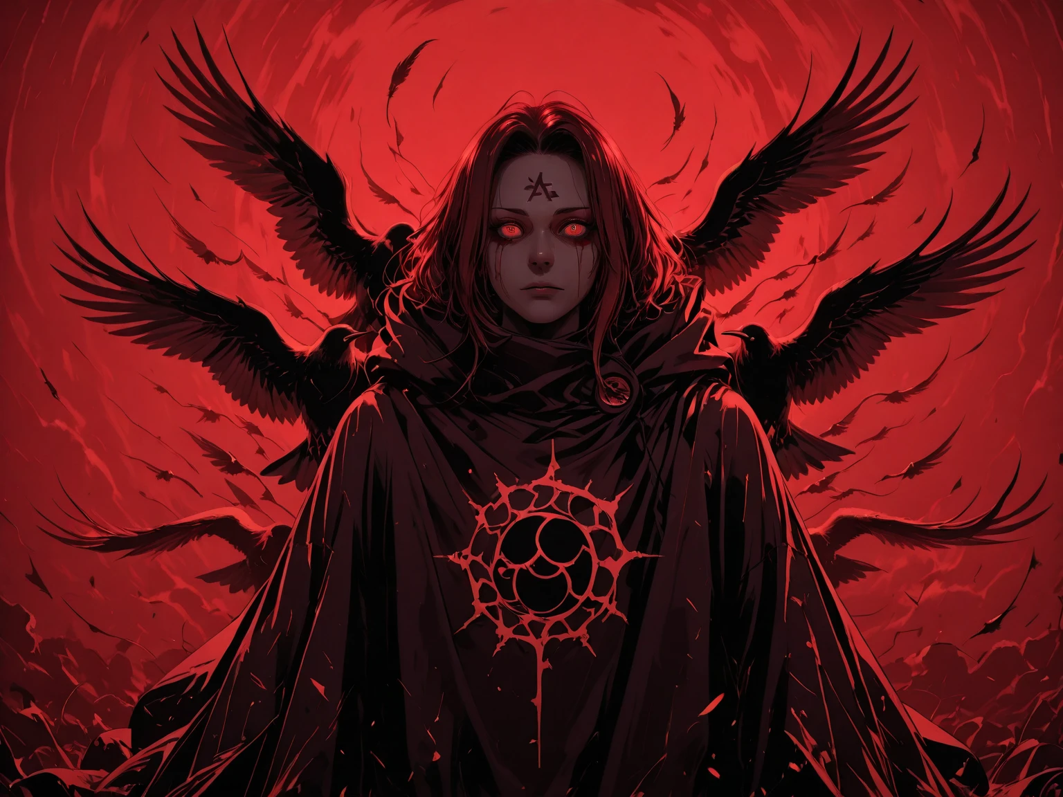Itachi wearing an akattsuki cloak, Completely red background - SeaArt AI