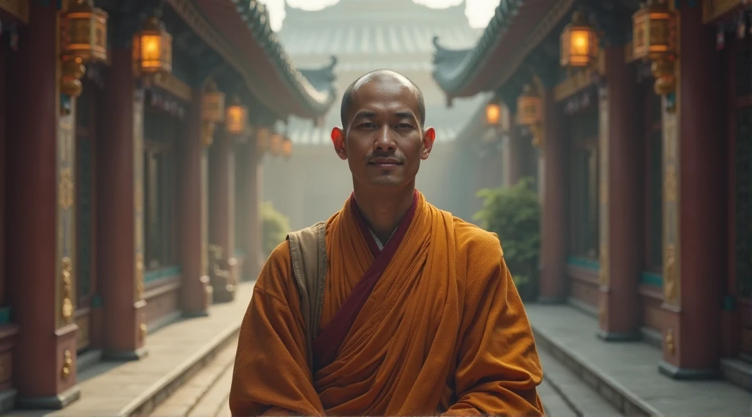 The monk in the temple, a quiet smile on his face, representing the ...