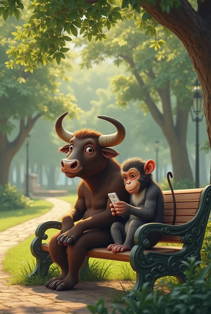 Scene: Two friends (Bull and Monkey) are sitting on a bench in the park ...