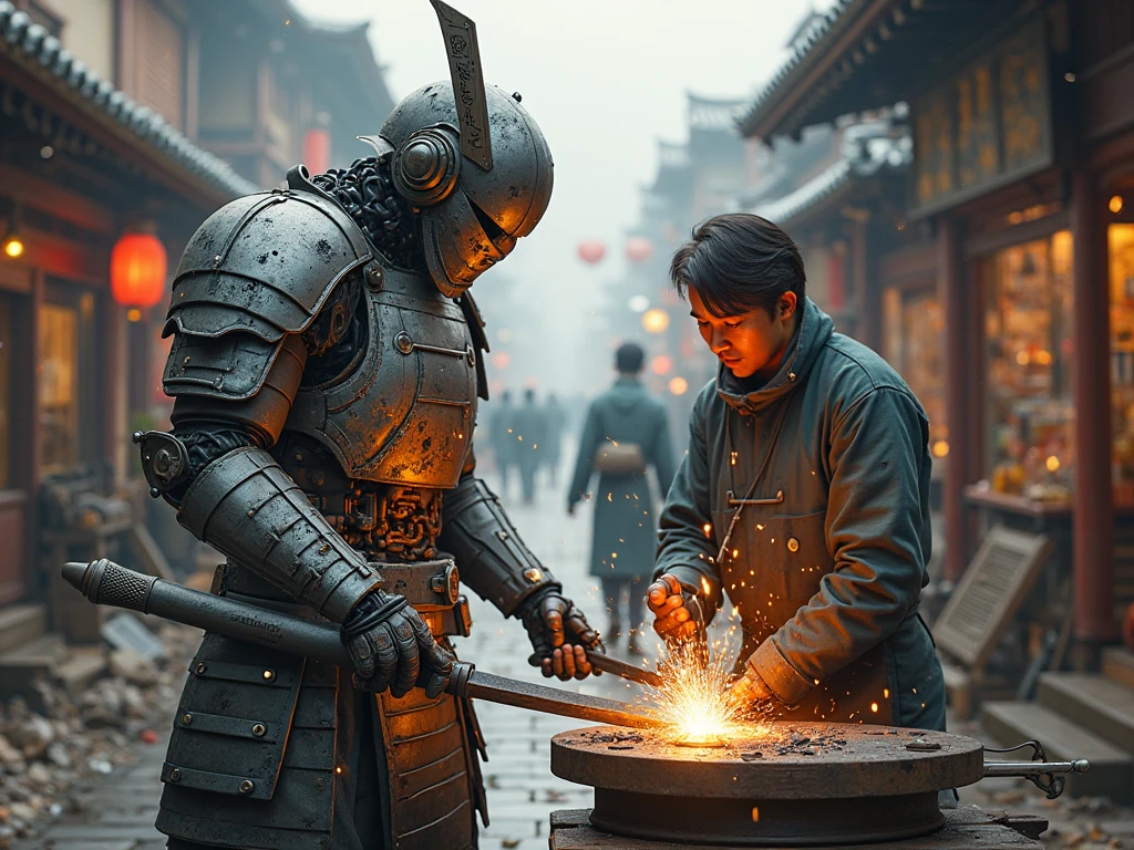 A half-destroyed robot warrior in Japanese samurai armor is being ...